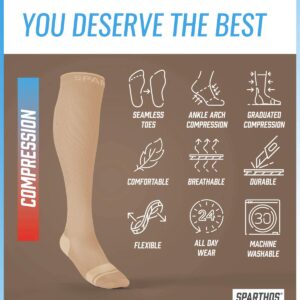 Sparthos Compression Socks (20-30mmHg) - Knee High Sock for Sport, Running, Travel, Medical Support, Pregnancy, Nursing - Calf Long Athletic Compressions Gear Sleeve - for Men and Women (Beige-SM)