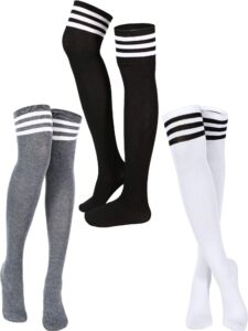 satinior 3 pairs triple stripe over the knee socks extra long opaque thigh high stockings