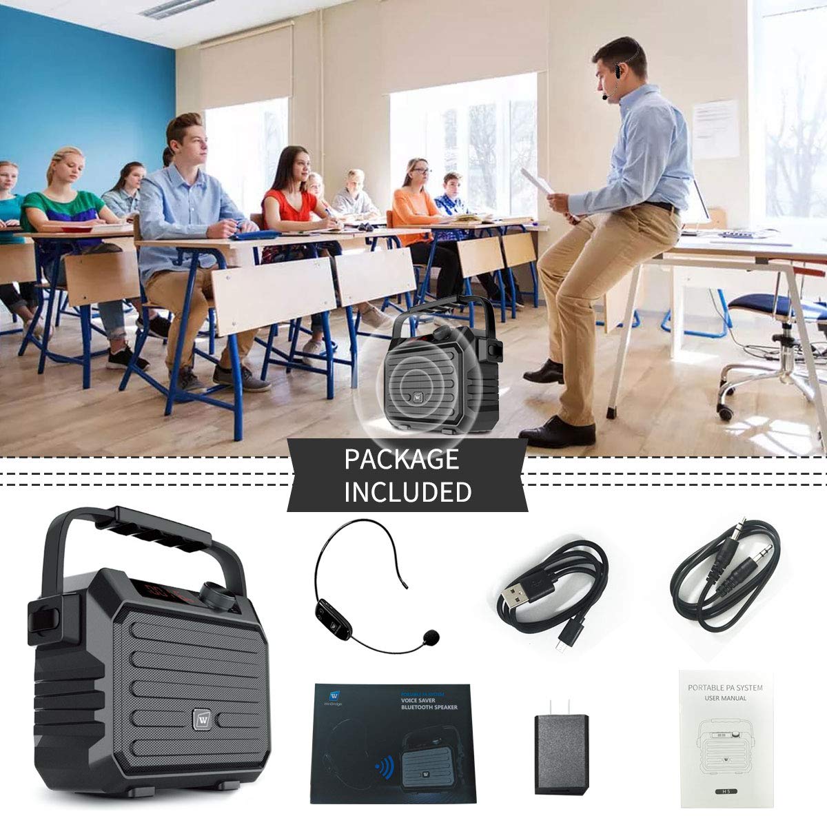 W WINBRIDE Wireless Voice Amplifier for Teachers, 30W Portable PA Speaker System, Wireless Microphone for Classroom Teachers Fitness Instructor, Bluetooth Headset and Speaker Echo| Record| FM| TWS| H5