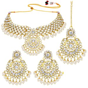 aheli elegant wedding party wear faux kundan studded short necklace earrings with maang tikka set indian ethnic bollywood fashion jewelry for women