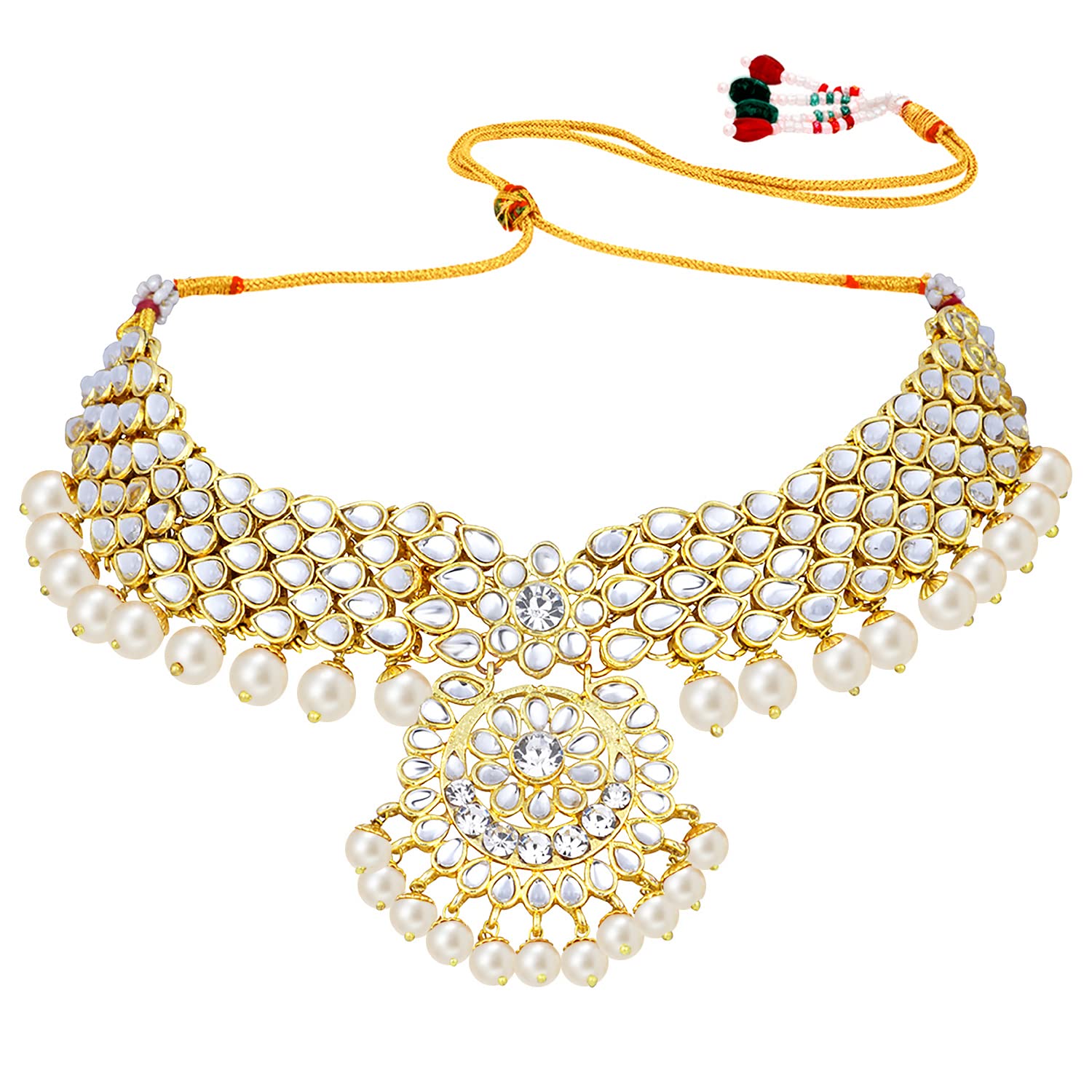 Aheli Elegant Wedding Party Wear Faux Kundan Studded Short Necklace Earrings with Maang Tikka Set Indian Ethnic Bollywood Fashion Jewelry for Women