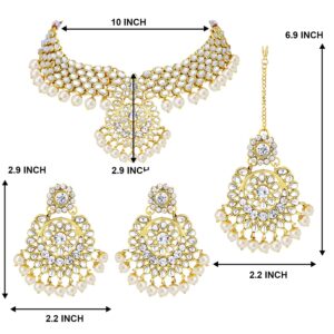 Aheli Elegant Wedding Party Wear Faux Kundan Studded Short Necklace Earrings with Maang Tikka Set Indian Ethnic Bollywood Fashion Jewelry for Women