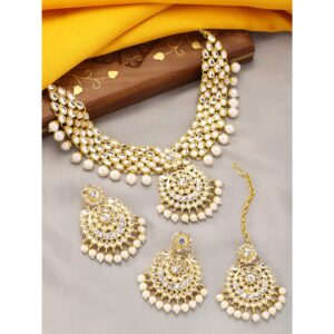 Aheli Elegant Wedding Party Wear Faux Kundan Studded Short Necklace Earrings with Maang Tikka Set Indian Ethnic Bollywood Fashion Jewelry for Women