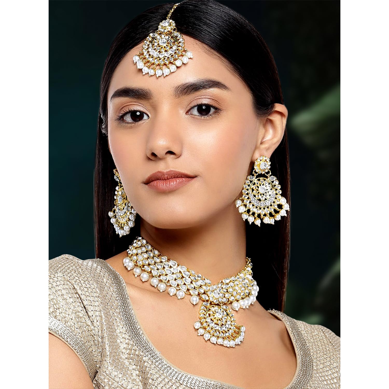 Aheli Elegant Wedding Party Wear Faux Kundan Studded Short Necklace Earrings with Maang Tikka Set Indian Ethnic Bollywood Fashion Jewelry for Women