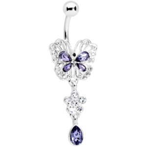 body candy womens 14g 316l steel navel ring piercing purple accent butterfly drop dangle belly button ring