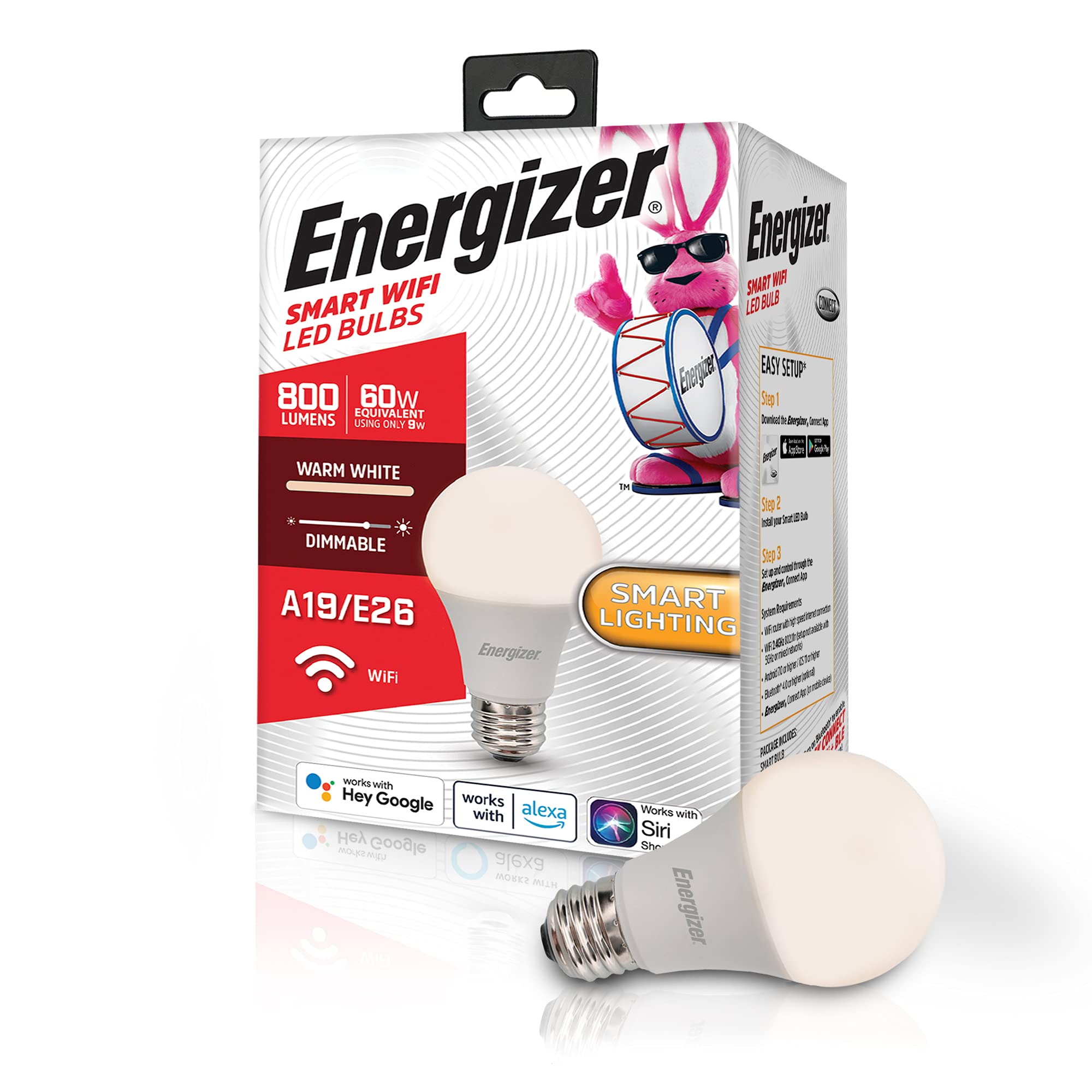 Energizer Connect Smart A19 LED Warm White Light Bulb with Voice Control and Remote Access Through Your Smartphone | Compatible with Alexa and Google Assistant