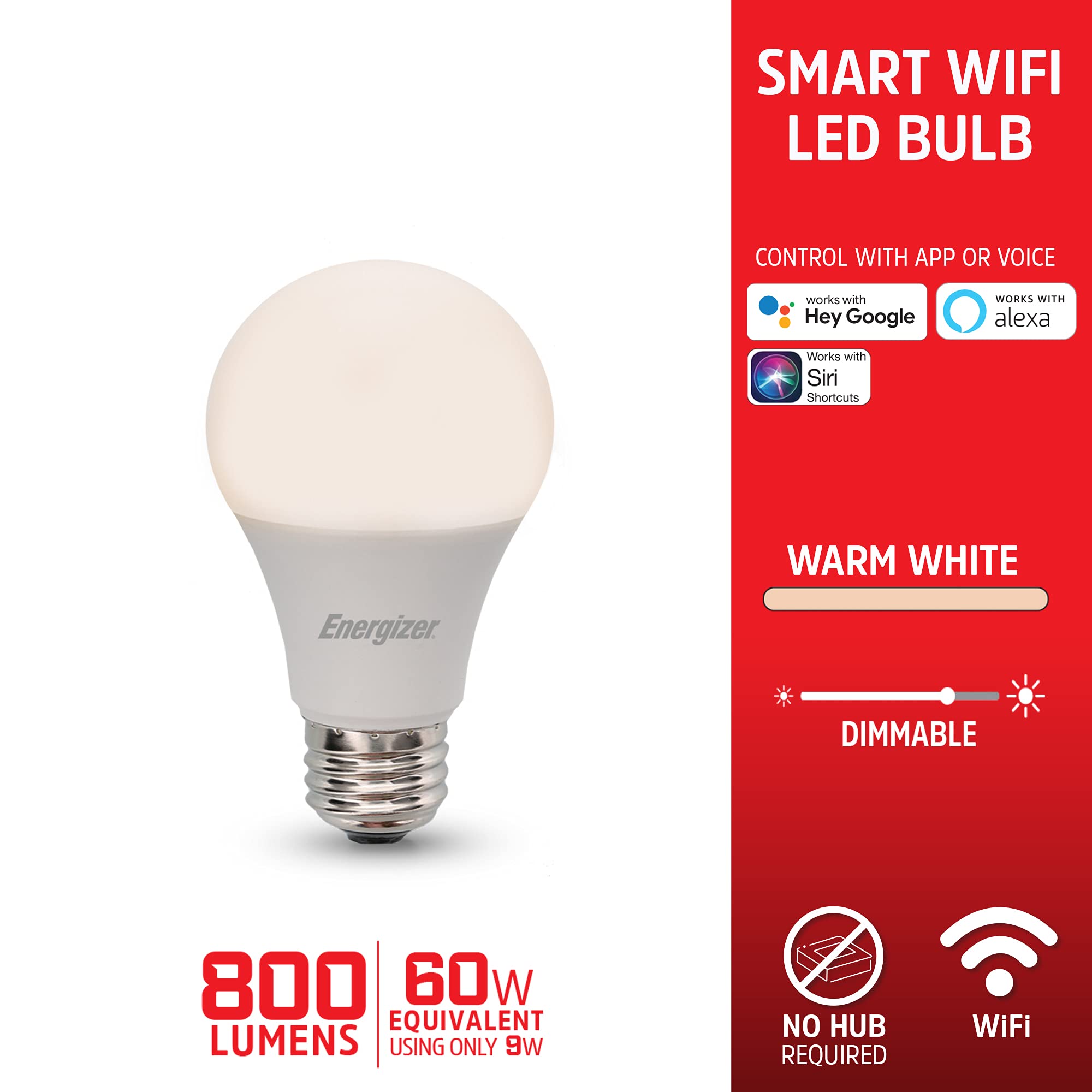 Energizer Connect Smart A19 LED Warm White Light Bulb with Voice Control and Remote Access Through Your Smartphone | Compatible with Alexa and Google Assistant