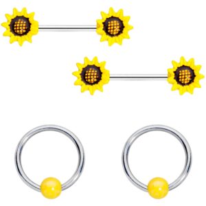 body candy womens 4pc 14g nipplering piercing steel uv ball sunflower bcr barbell nipple ring set 9/16" 1/2"