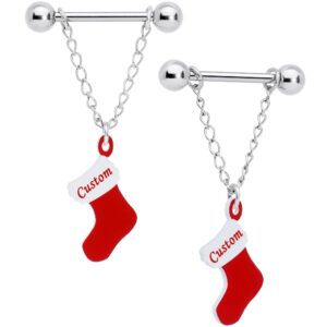 body candy customizable 14g nipplerings piercing steel 2pc personalized holiday stocking nipple ring set 9/16"