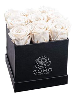 soho floral arts new roses preserved flowers | genuine roses that lasts for years | flowers for delivery | large/xl box (black box white roses 9ct)