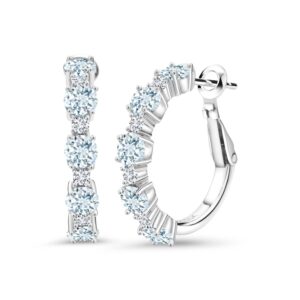 gem stone king 925 sterling silver sky blue aquamarine and white lab grown diamond hoop earrings for women (2.80 cttw, round 4mm and 1.9mm, gemstone birthstone 1 inch diameter)