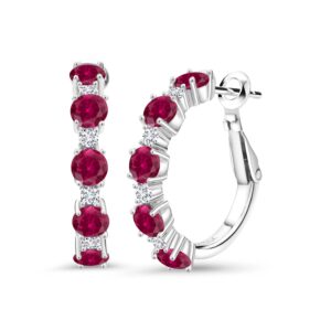 gem stone king 925 sterling silver red created ruby and white lab grown diamond hoop earrings for women (2.80 cttw, round 4mm and 1.9mm, gemstone birthstone 1 inch diameter)