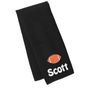 my little doc personalized football towel, workout, gym, waffle microfiber, embroidered name, monogrammed sports gift, black