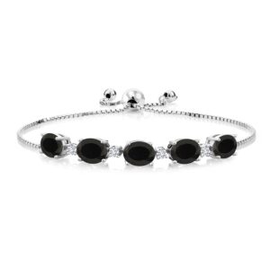 gem stone king 925 sterling silver black onyx and white lab grown diamond tennis bracelet for women (8.26 cttw, gemstone birthstone, oval 8x6mm, fully adjustable up to 9 inch)