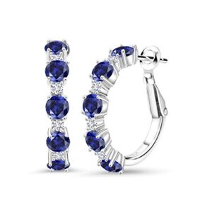 gem stone king 925 sterling silver blue created sapphire and white lab grown diamond hoop earrings for women (2.80 cttw, round 4mm and 1.9mm, gemstone birthstone 1 inch diameter)