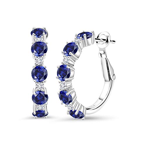 Gem Stone King 925 Sterling Silver Blue Created Sapphire and White Lab Grown Diamond Hoop Earrings For Women (2.80 Cttw, Round 4MM and 1.9MM, Gemstone Birthstone 1 Inch Diameter)