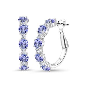 gem stone king 925 sterling silver blue tanzanite and white topaz hoop earrings for women (3.32 cttw, round 4mm and 1.9mm, gemstone birthstone 1 inch diameter)