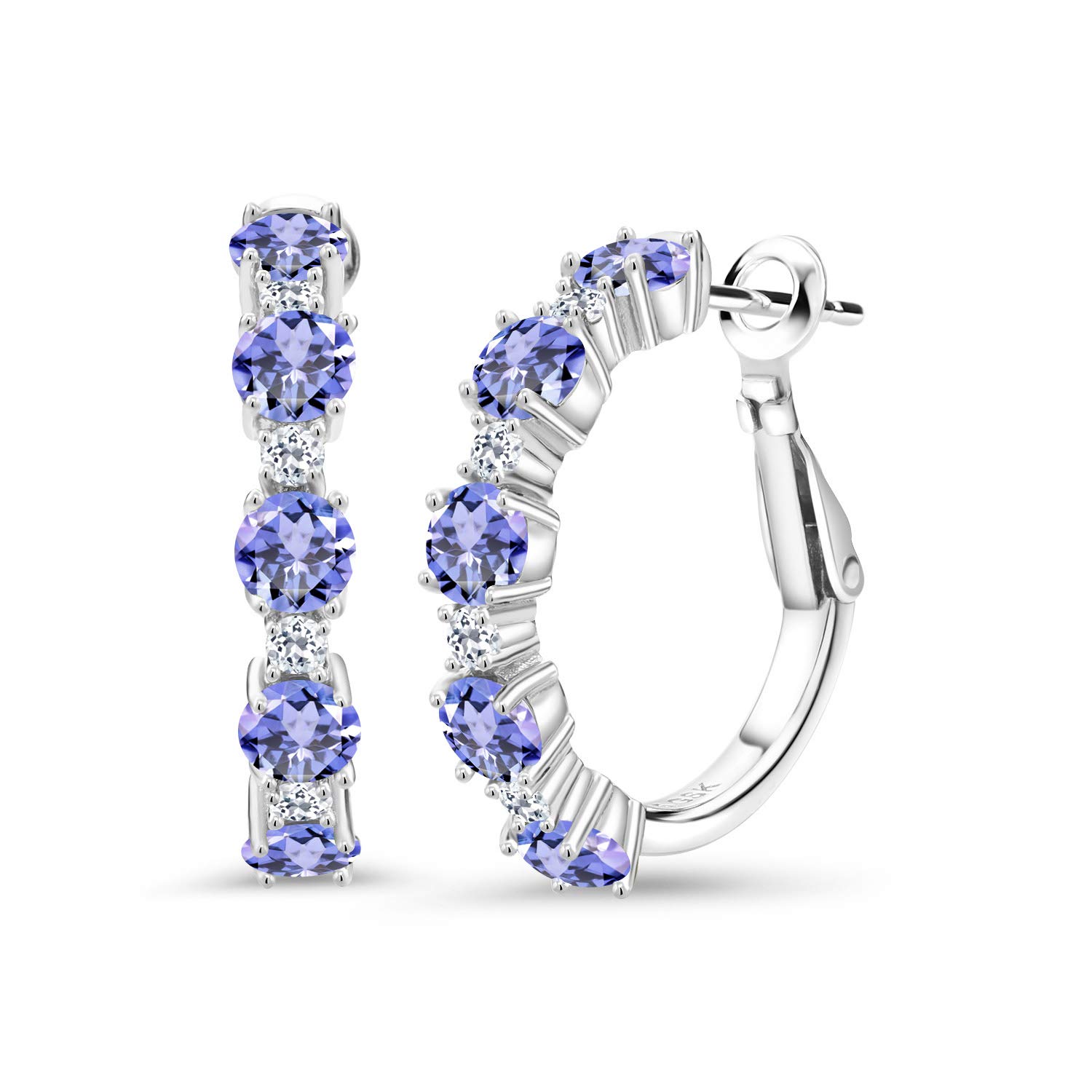 Gem Stone King 925 Sterling Silver Blue Tanzanite and White Topaz Hoop Earrings For Women (3.32 Cttw, Round 4MM and 1.9MM, Gemstone Birthstone 1 Inch Diameter)