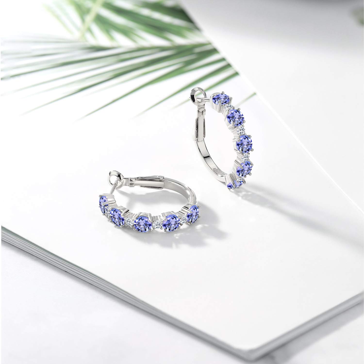 Gem Stone King 925 Sterling Silver Blue Tanzanite and White Topaz Hoop Earrings For Women (3.32 Cttw, Round 4MM and 1.9MM, Gemstone Birthstone 1 Inch Diameter)