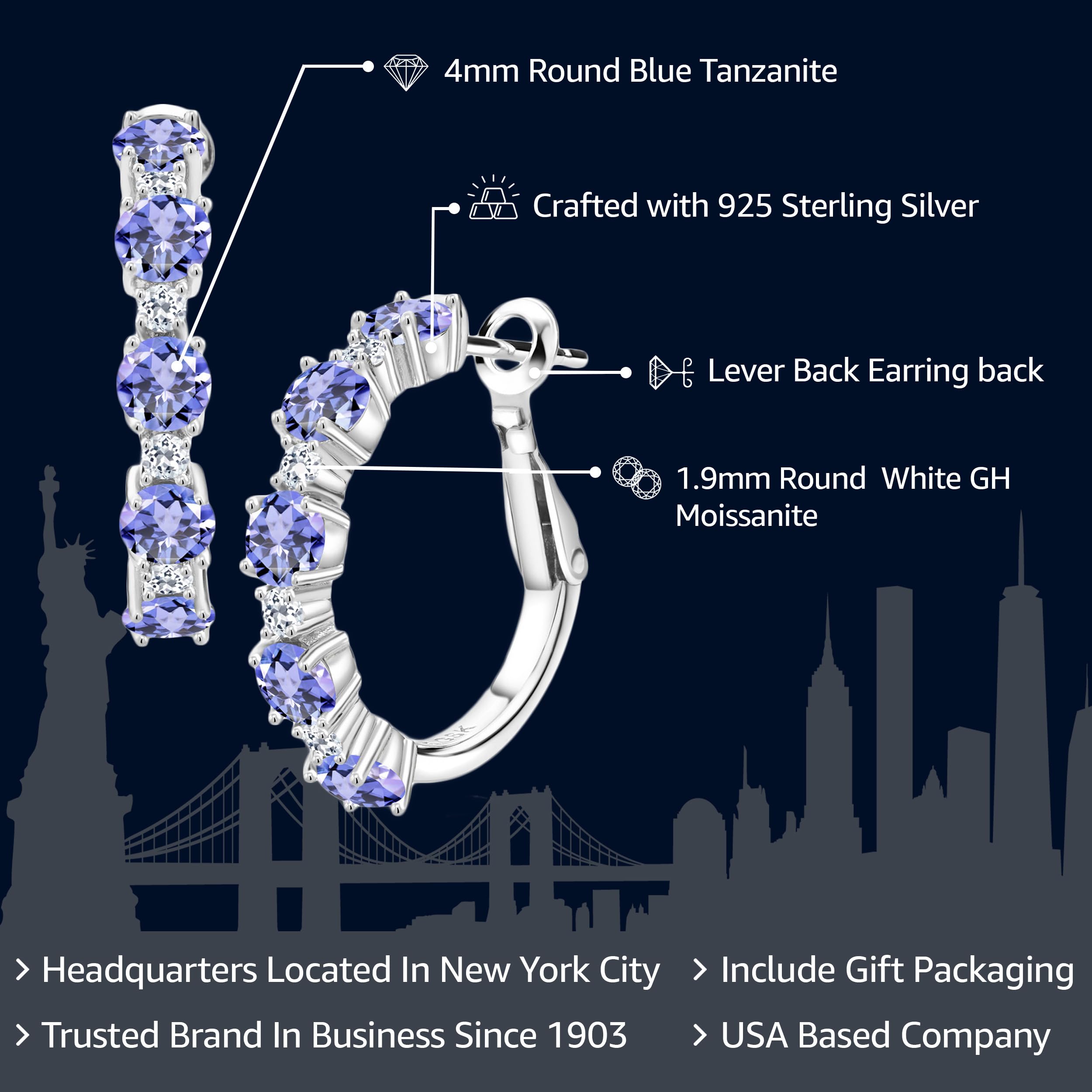 Gem Stone King 925 Sterling Silver Blue Tanzanite and White Topaz Hoop Earrings For Women (3.32 Cttw, Round 4MM and 1.9MM, Gemstone Birthstone 1 Inch Diameter)