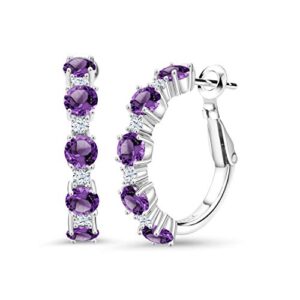 gem stone king 925 sterling silver purple amethyst and white zirconia hoop earrings for women (2.74 cttw, round 4mm and 1.9mm, gemstone birthstone 1 inch diameter)