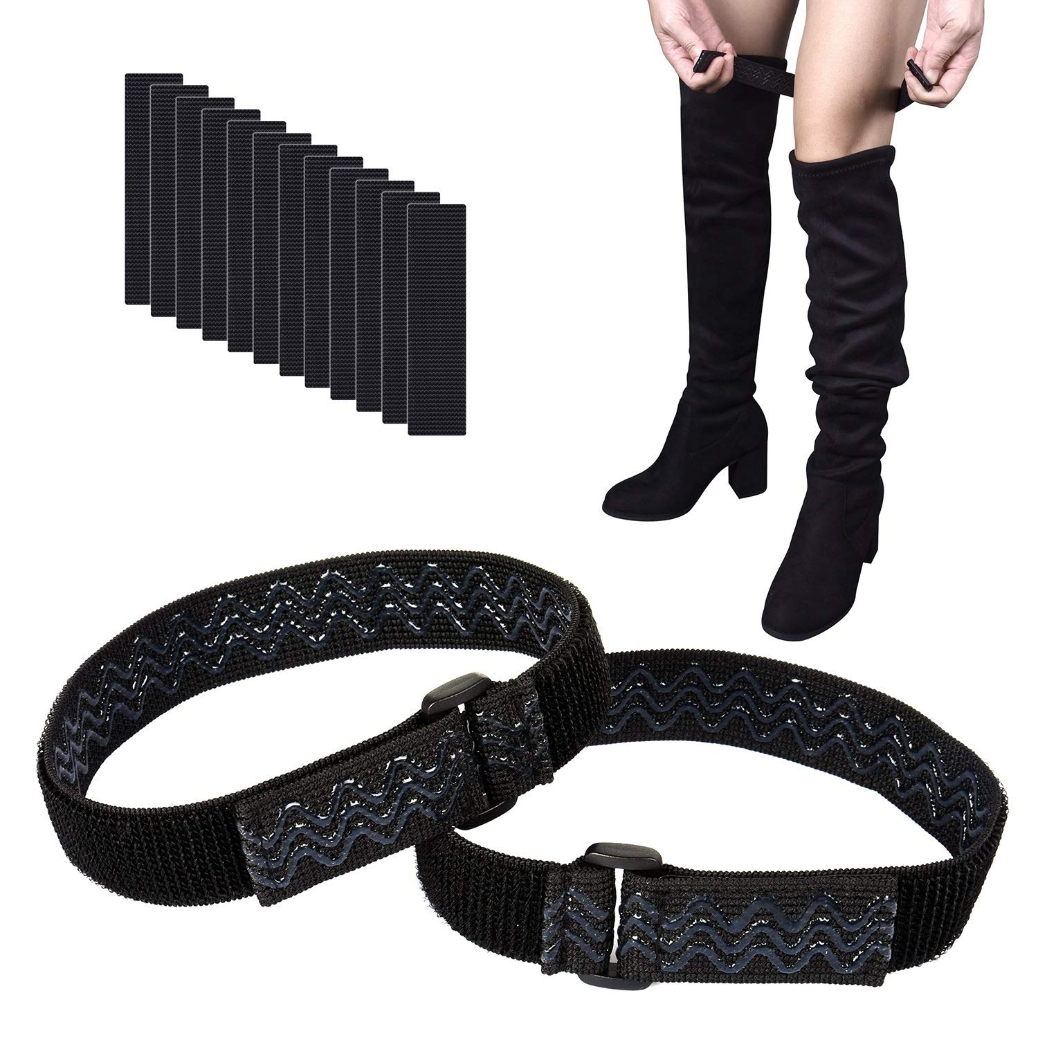 Wisdompro Boot Straps, 1 Pair Knee Boot Straps of Elastic Adjustable Belt, plus Extra 12 Pcs Adhesive Tape Hook Sticker for fall-off prevention