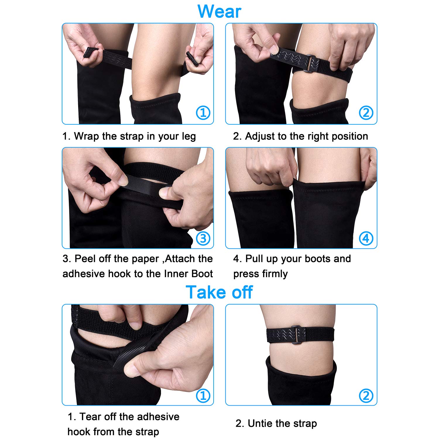 Wisdompro Boot Straps, 1 Pair Knee Boot Straps of Elastic Adjustable Belt, plus Extra 12 Pcs Adhesive Tape Hook Sticker for fall-off prevention