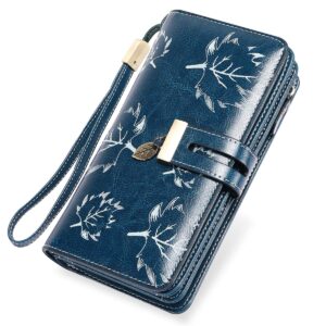 huanlang women wallets large ladies leather wallet with coin pocket rfid wallet organizer for women with wrist strap (blue leaf)