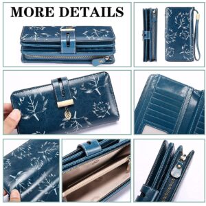 HUANLANG Women Wallets Large Ladies Leather Wallet with Coin Pocket RFID Wallet Organizer for Women with Wrist Strap (Blue Leaf)