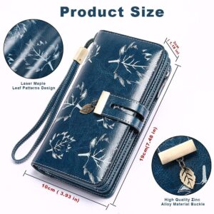 HUANLANG Women Wallets Large Ladies Leather Wallet with Coin Pocket RFID Wallet Organizer for Women with Wrist Strap (Blue Leaf)