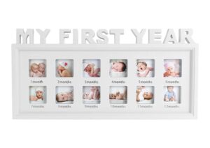 my first year picture frames baby moments keepsake photo frame newborn infant collage frame boys girls shower gift wall hanging 12 month frame for room wall nursery décor elegant white natural wood