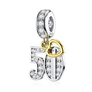 silver 50th birthday charms anniversary golden heart 50 years of love dangle beads for pandora bracelets necklaces