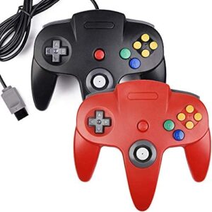 kiwitata 2 pack classic n64 controller, retro n64 remote joystick replacement wired gaming controller for n64 video gaming system console red & black