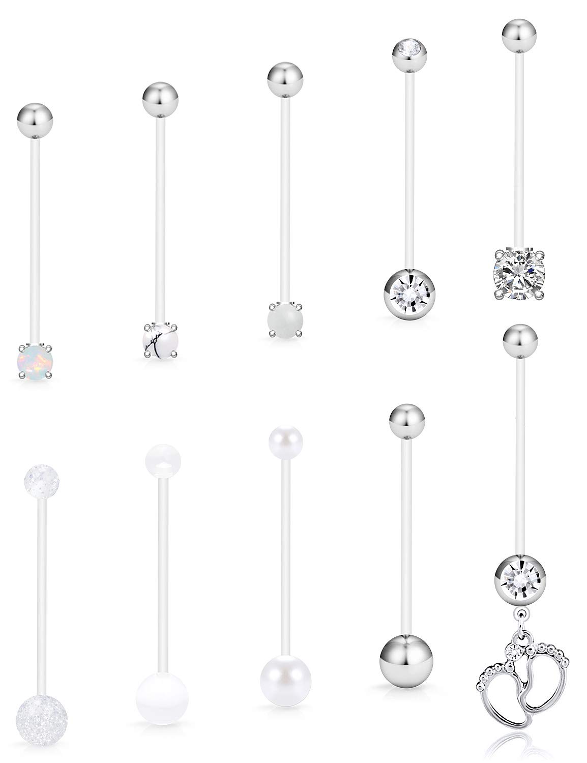 SCERRING Pregnancy Belly Button Rings 14G Clear Acrylic Bioflex Opal Sport Maternity Belly Navel Ring Barbell Body Jewelry Piercing 10PCS White