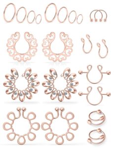 scerring fake nipple ring stainless steel non-piercing nipple rings clip on nipplerings faux body piercing jewelry for women men 11 pairs rose gold