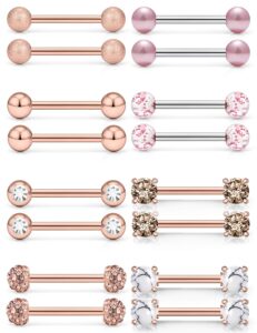 scerring 14g nipple rings stainless steel nipplerings tongue straight barbell rings body piercing jewelry for women men 9/16inch 8 pairs rose gold