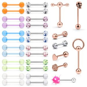 scerring 14g tongue rings stainless steel rose skull bioflex flexible acrylic tongue nipple ring body piercing jewelry retainer 32pcs rose gold