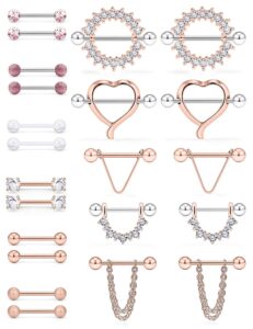 scerring 14g nipple rings stainless steel nipplerings cz heart tongue shield barbell rings retainer body piercing jewelry for women 9/16inch 11 pairs rose gold