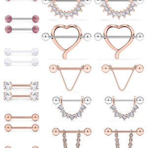 SCERRING 14G Nipple Rings Stainless Steel Nipplerings CZ Heart Tongue Shield Barbell Rings Retainer Body Piercing Jewelry for Women 9/16Inch 11 Pairs Rose Gold