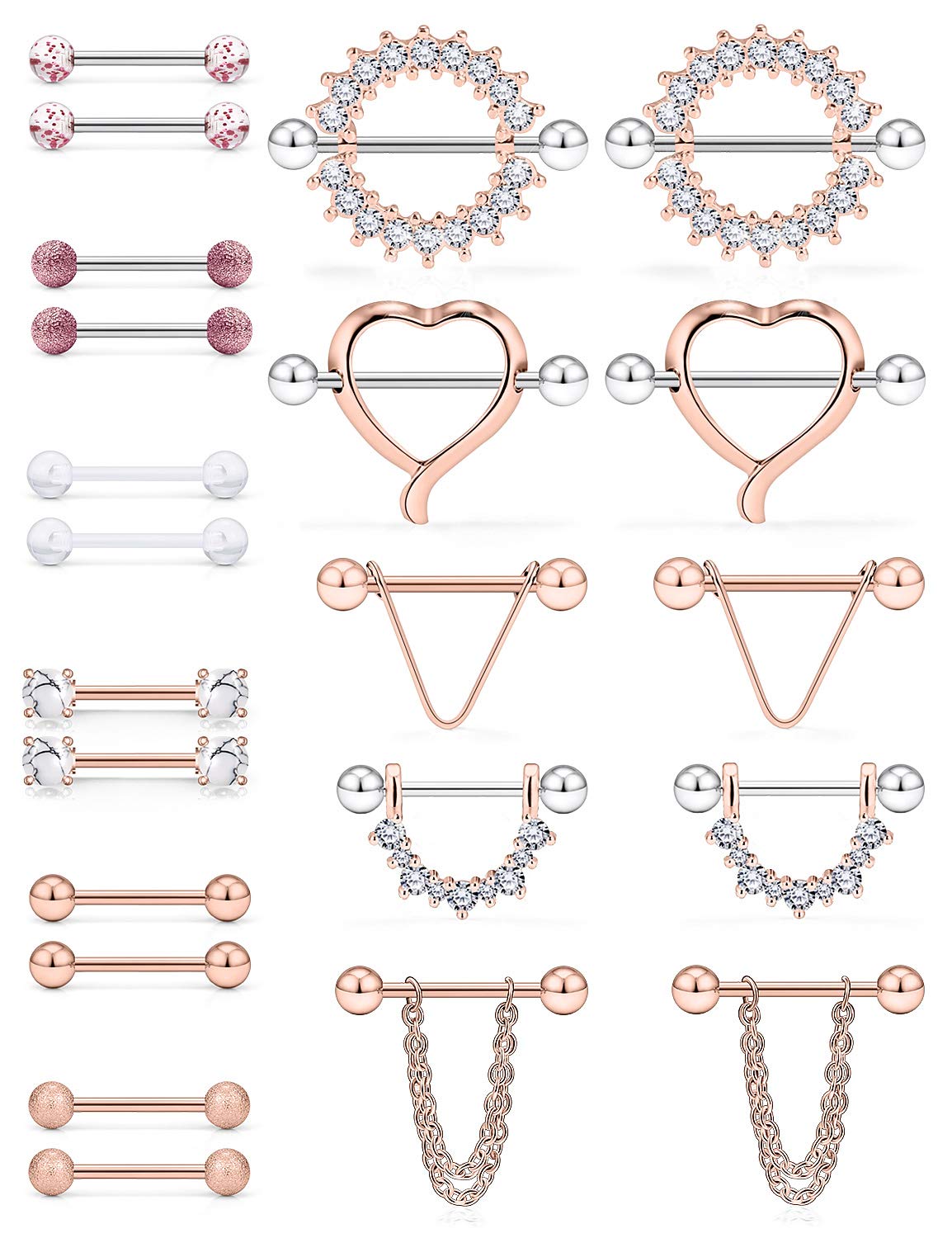 SCERRING 14G Nipple Rings Stainless Steel Nipplerings CZ Heart Tongue Shield Barbell Rings Retainer Body Piercing Jewelry for Women 9/16Inch 11 Pairs Rose Gold