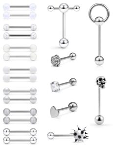 scerring 14g tongue rings stainless steel rose skull heart tongue nipple ring body piercing jewelry retainer 21pcs silver