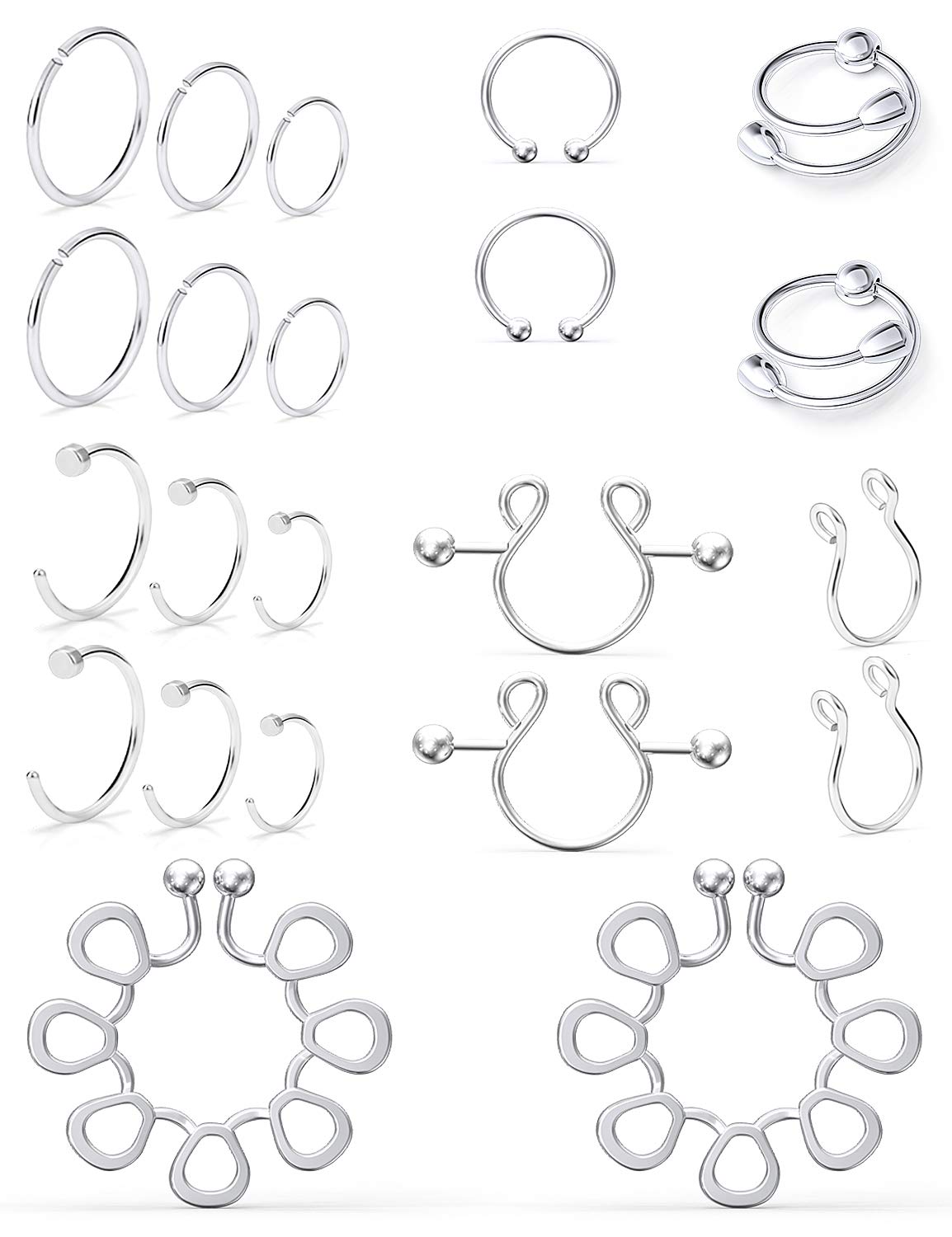 SCERRING Fake Nipple Ring Stainless Steel Face Non-Piercing Nipple Rings Clip On Nipplerings Faux Body Piercing Jewelry for Women Men 11 Pairs Silver