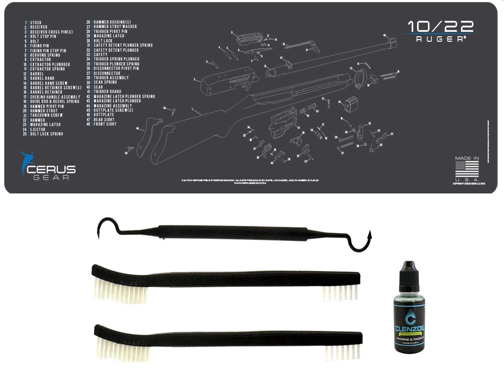 EDOG Ruger 10/22 5 Pc Cerus Gear Schematic (Exploded View) Heavy Duty Rifle Cleaning 12”x36” Padded Gun-Work Surface Protector Mat Solvent & Oil Resistant & 4 Pc Cleaning Essentials