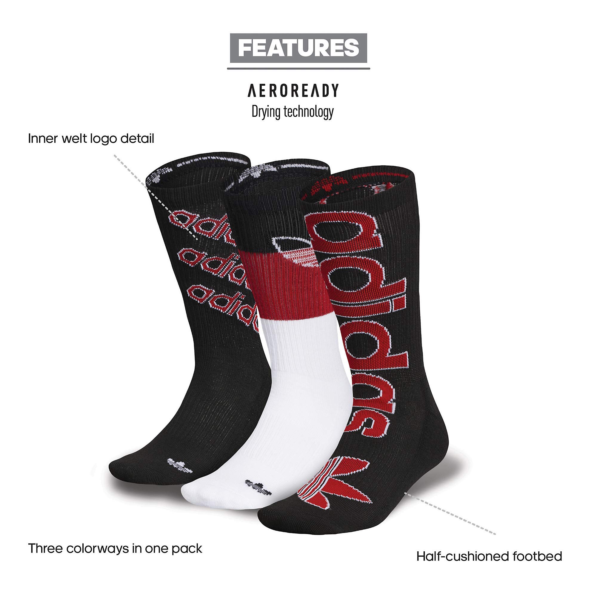 adidas Originals Mixed Graphics Cushioned Crew Socks (3-Pair), Black/Scarlet Red/White, Large