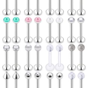 SCERRING 16g Lip Rings Stainless Steel Labret Monroe Lip Rings Nail Tragus Helix Earrings Studs Ring Medusa Piercing Jewelry Stone Pearl 8mm 32PCS