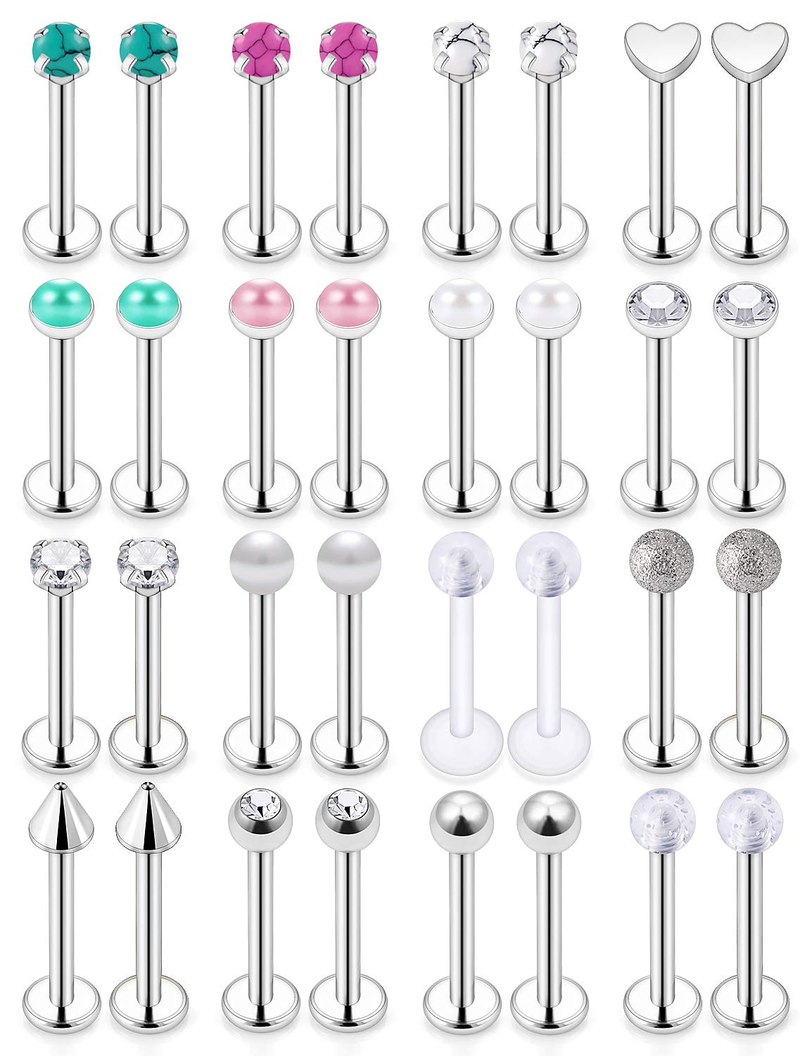 SCERRING 16g Lip Rings Stainless Steel Labret Monroe Lip Rings Nail Tragus Helix Earrings Studs Ring Medusa Piercing Jewelry Stone Pearl 8mm 32PCS