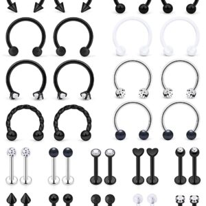 SCERRING 16g Lip Rings Stainless Steel Horseshoe Labret Monroe Nail Tragus Helix Earrings Studs Medusa Piercing Jewelry 8mm 36PCS Black