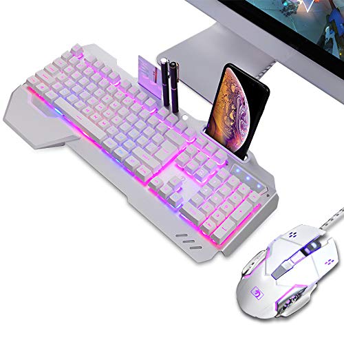 Backlit RGB Keyboard and Mouse Combo, Adjustable Breathing Lamp Wired Gaming Keyboard, Wrist Rest Keyboard 5 Adjustable DPI Gaming Mouse Adjustable Breathing Lamp for Mac, PC, Laptop Gamer (White)