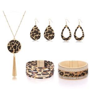 zolearopy statement leopard jewelry set for women multi leopard leather wrap bracelet teardrop leather earrings long tassel round pendant necklace set