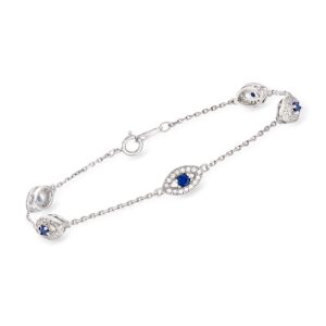 ross-simons 0.30 ct. t.w. cz and .20 ct. t.w. simulated sapphire evil eye station bracelet in sterling silver. 7 inches